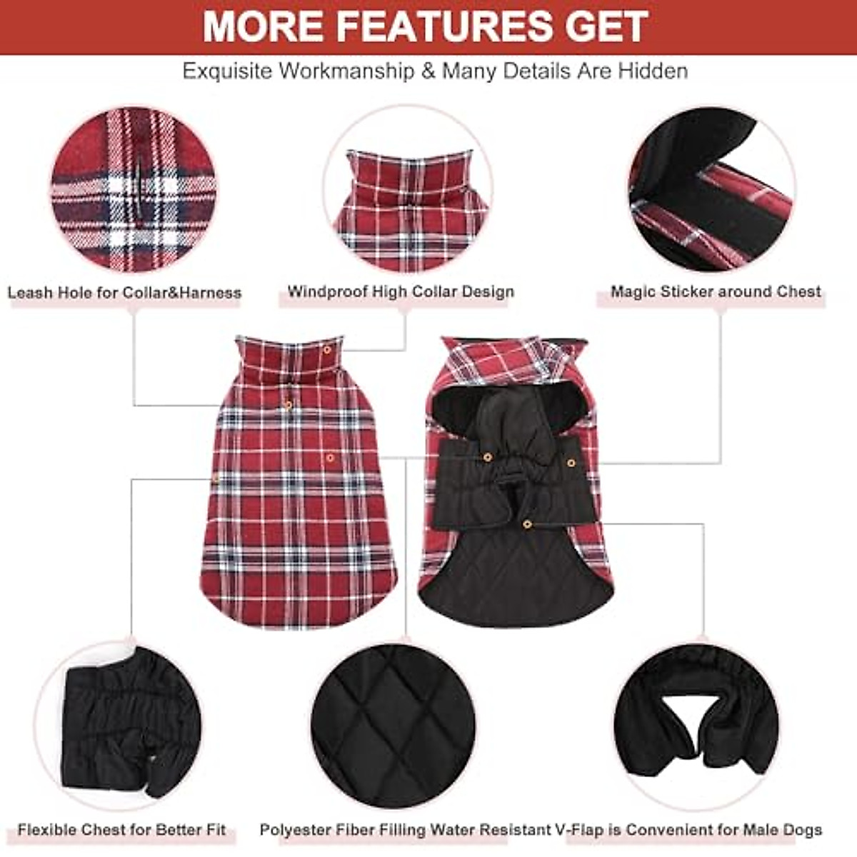 MIGOHI Dog Jackets for Winter, Reversible Dog Coat Windproof Waterproof Dog Winter Jackets for Cold Weather, British Style Plaid Dog Coats Warm Dog Vest for Small Medium Large Dogs, Red 2XL
