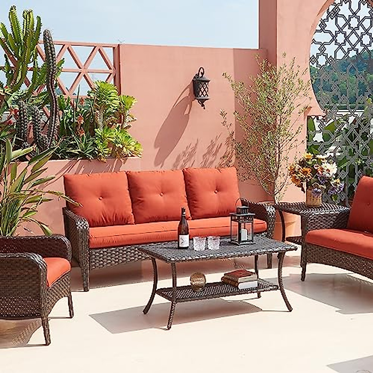 HUMMUH Patio Wicker Sofa,3-Seater Outdoor Couch Porch High Back and Deep Seat Sofa Furniture for Backyard, Deck, Poolside （Brown Red）