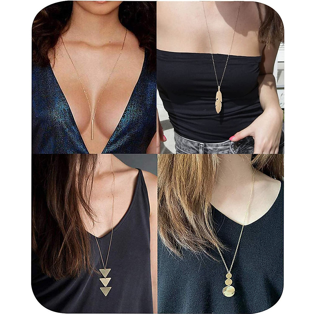 YQZIYOU 4 PCS Long Necklaces for Women - Fashion Pendant Necklace Jewelry, Golden Bar Feather Circle Leaf Lock Tassel Y Necklace Jewelry Set