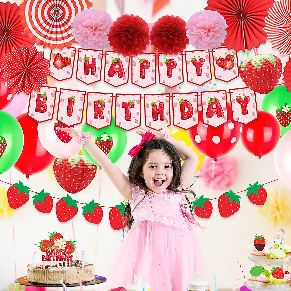 Strawberry Birthday Party Decorations Set Include Strawberry Shortcake Birthday Banner Cake Toppers Balloons Paper Pompoms and Fans for Kids Girl Berry Sweet Themed Birthday Party Supplies Decor