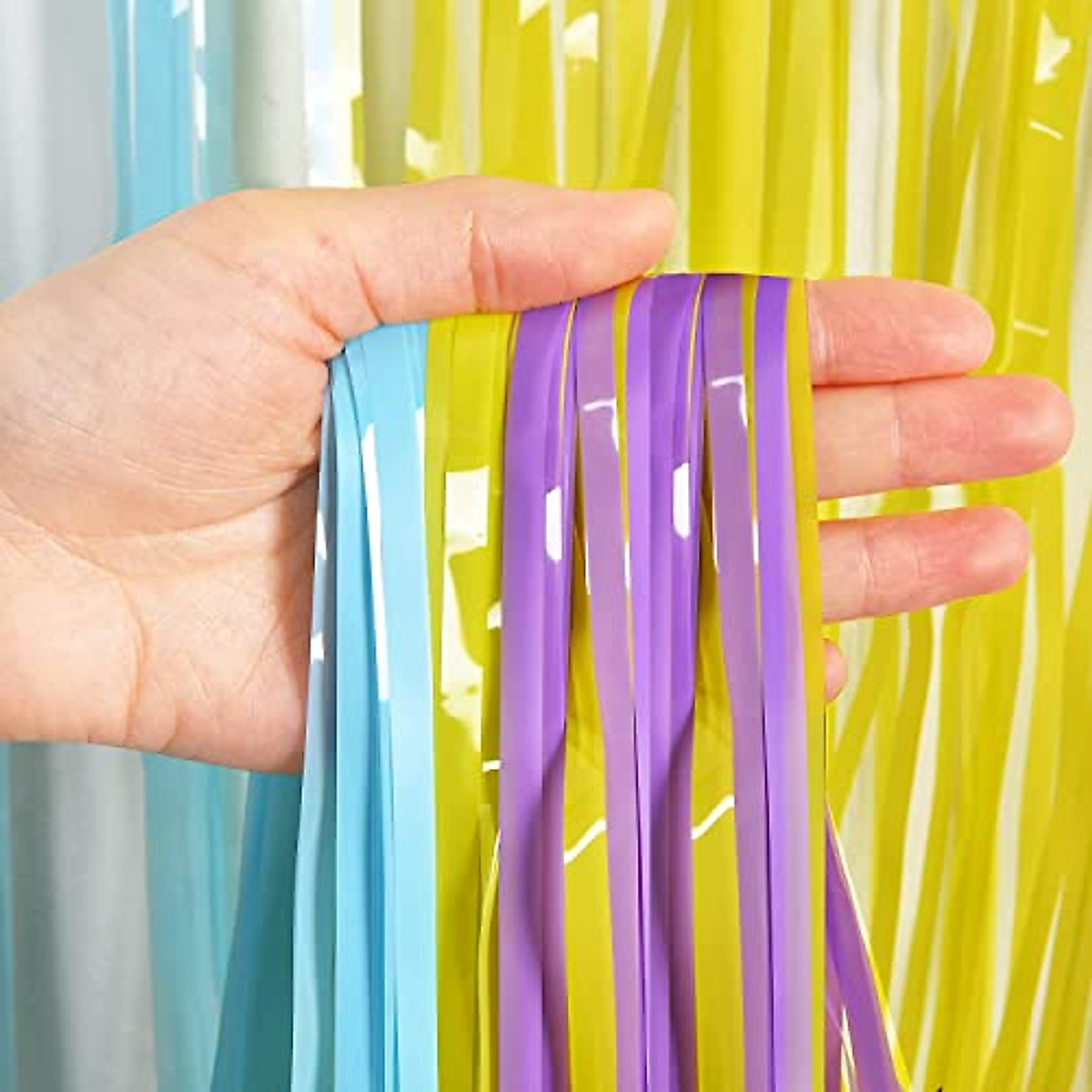 BRAVESHINE Glitter Tinsel Foil Fringe Curtains - 2Pcs 3.2x8.2ft Pastel Rainbow Photo Backdrop for Sweet Birthday Baby Shower Unicorn Mermaid Kids Candy Donut Ice Cream Easter Bunny Party Decorations