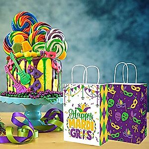 Whaline 20 Pack Mardi Gras Paper Gift Bags with Handle Crown Masquerade Mask Pattern Gold Coins Bags Carnival Party Favor Treat Bags for Gift Wrapping Mardi Gras Birthday Party Supplies, 4 Designs