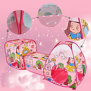 LTKX 3pc Kids Play Tent for Girls, Crawl Tunnel, Princess Tents for Toddlers, Indoor/Outdoor Pop Up Playhouse for Baby, Pink