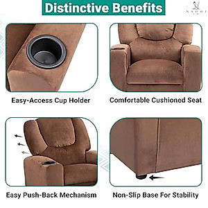 Naomi Home Suri Push Back Kids Recliner Chair with Footrest & Cup Holders, Push Back Toddler Recliner with Cup Holder, PVC Kids' Recliners for Age 3+, Kid Recliners for Girls Boys - Brown
