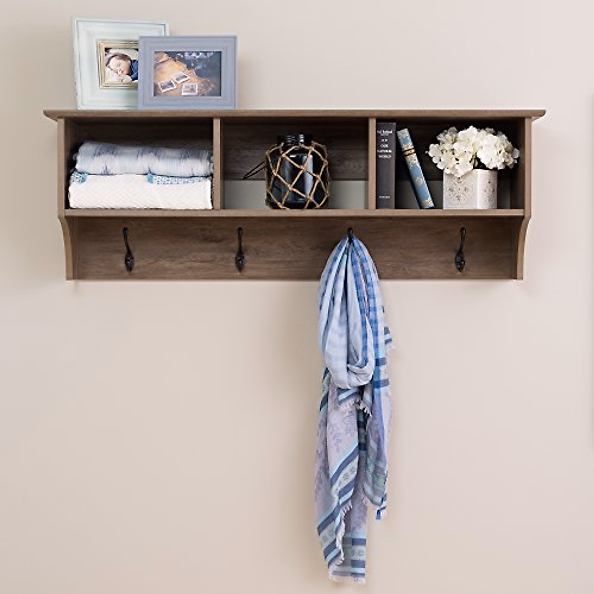 Prepac Entryway Shoe Cubbie Bench, Drifted Gray & 48" Wide Hanging Entryway Shelf, Drifted Gray