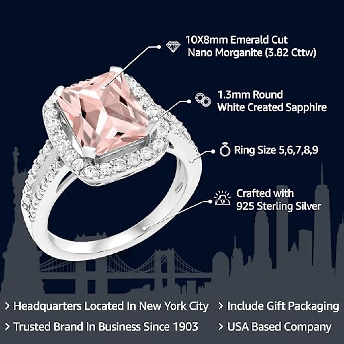Gem Stone King 925 Sterling Silver Peach Nano Morganite Engagement Ring For Women (3.82 Cttw, Emerald Cut 10X8MM, Available In Size 5, 6, 7, 8, 9)