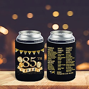 85th Birthday Can Cooler Sleeves Pack of 12-85th Anniversary Decorations- 1938 Sign - 85th Birthday Party Supplies - Black and Gold 85th Birthday Cup Coolers