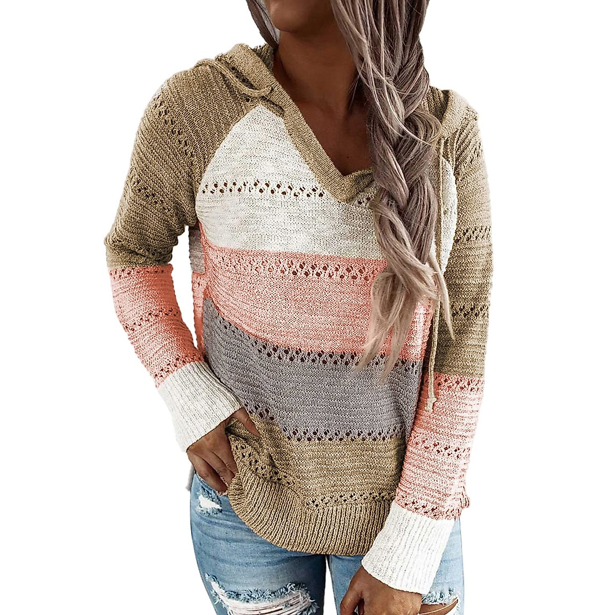 Vemodoo Women'S Hoodie Ladies Sweatshirts Lightweight Sweaters For Women Women's Color Block Knit Hoodies Sweaters V Neck Drawstring Lightweight Pullover Sweatshirts Khaki Large