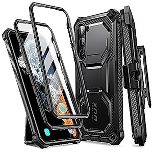 i-Blason Armorbox for Samsung Galaxy S23 Case with Built-in Screen Protector, [2 Front Frames] Full-Body Rugged Anti-Slip Bumper Case with Kickstand & Belt Clip Holster (Black)