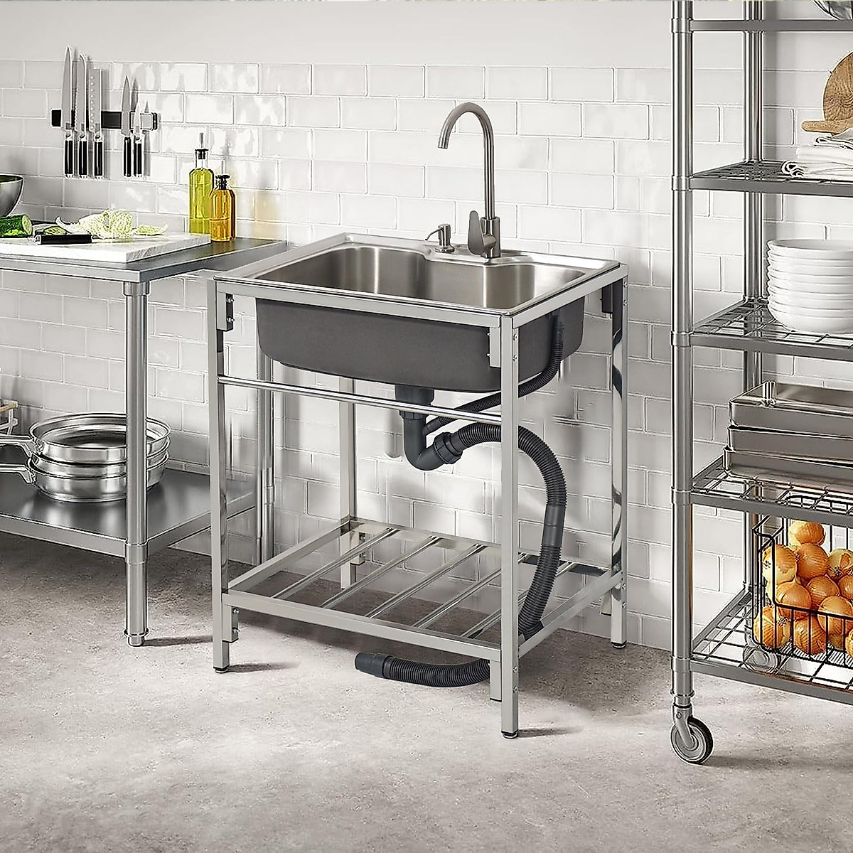 Commercial Restaurant Sink Set Free Standing Stainless-Steel Single Bowl w/Faucet,Utility Washing Hand Basin w/Storage Shelve, laundry tub for Indoor Outdoor L26.7"x H33.46"xW17.3"