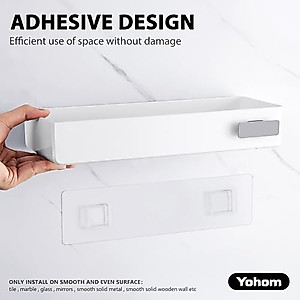 YOHOM White Adhesive Bathroom Caddy Organizer for Tile Wall Mounted Stick on Shower Caddy Floating Shelf Plastic Shampoo Holder with Hook