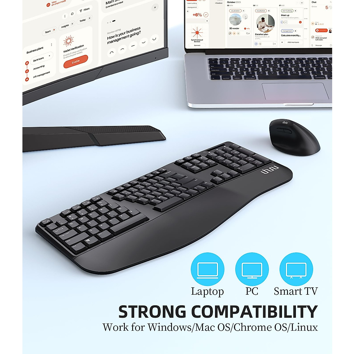 Ergonomic Wireless Keyboard and Mouse - UHURU UEKM-20 Wireless Ergo Keyboard and Mouse Combo with Split Design, Palm Rest, Natural Typing, Compatible with Windows Mac