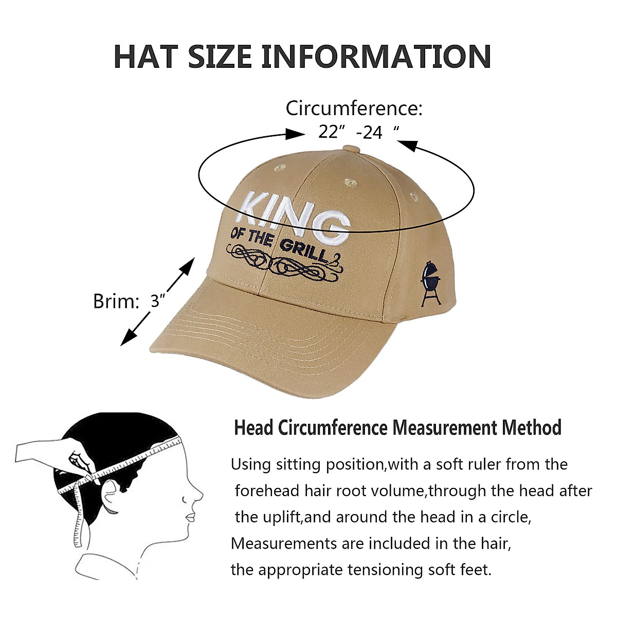 Game Hats Baseball Cap Father's Day Thanksgiving Gifts Adjustable Low Profile Cotton Cap King of The Grill Embroidered Hat Beige