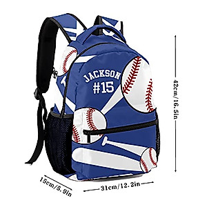 Urcustom Custom Kid Backpack, Baseball Sport Number Team Royal Personalized School Bookbag with Your Own Name, Customization Casual Bookbags for Student Girls Boys