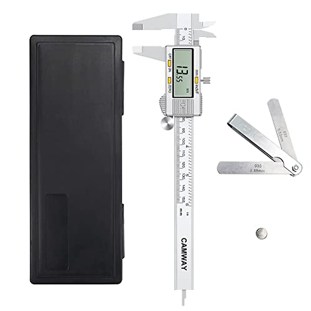 CAMWAY Digital Caliper 6Inch + Feeler Gauge Stainless Steel Electronic Vernier Caliper 150mm, Fractions/Inch/Metric Measuring Tool for Length Width Depth Inner Diameter Outer Diameter