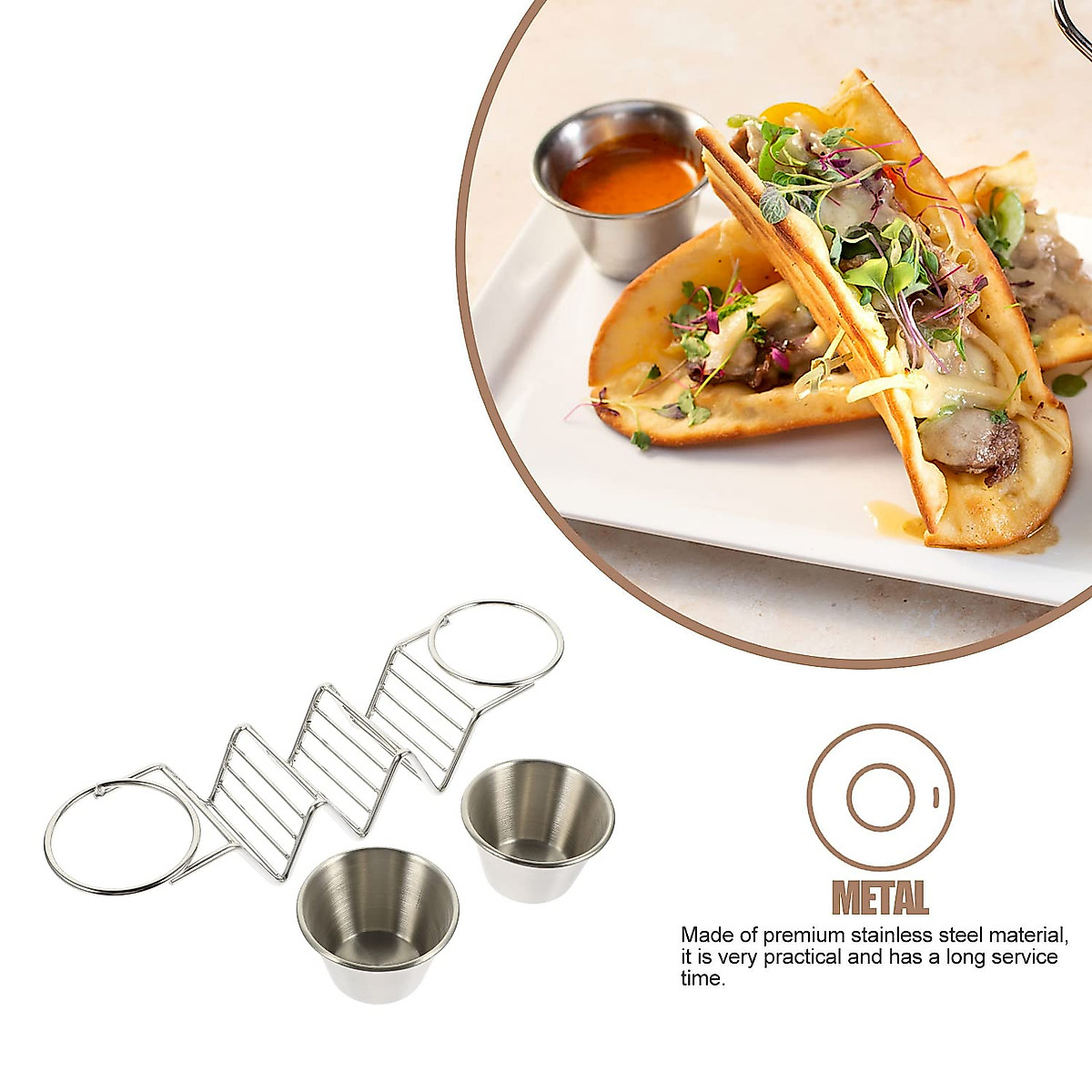 Cabilock Taco Stand Taco Holder Stainless Steel Holder Stands with 2 Dipping Bowls Handles Taco Rack Fill& Serve Tacos With Ease, Taco Trays Fried Food Cooling Drain Shelf 27x6.6x5cm