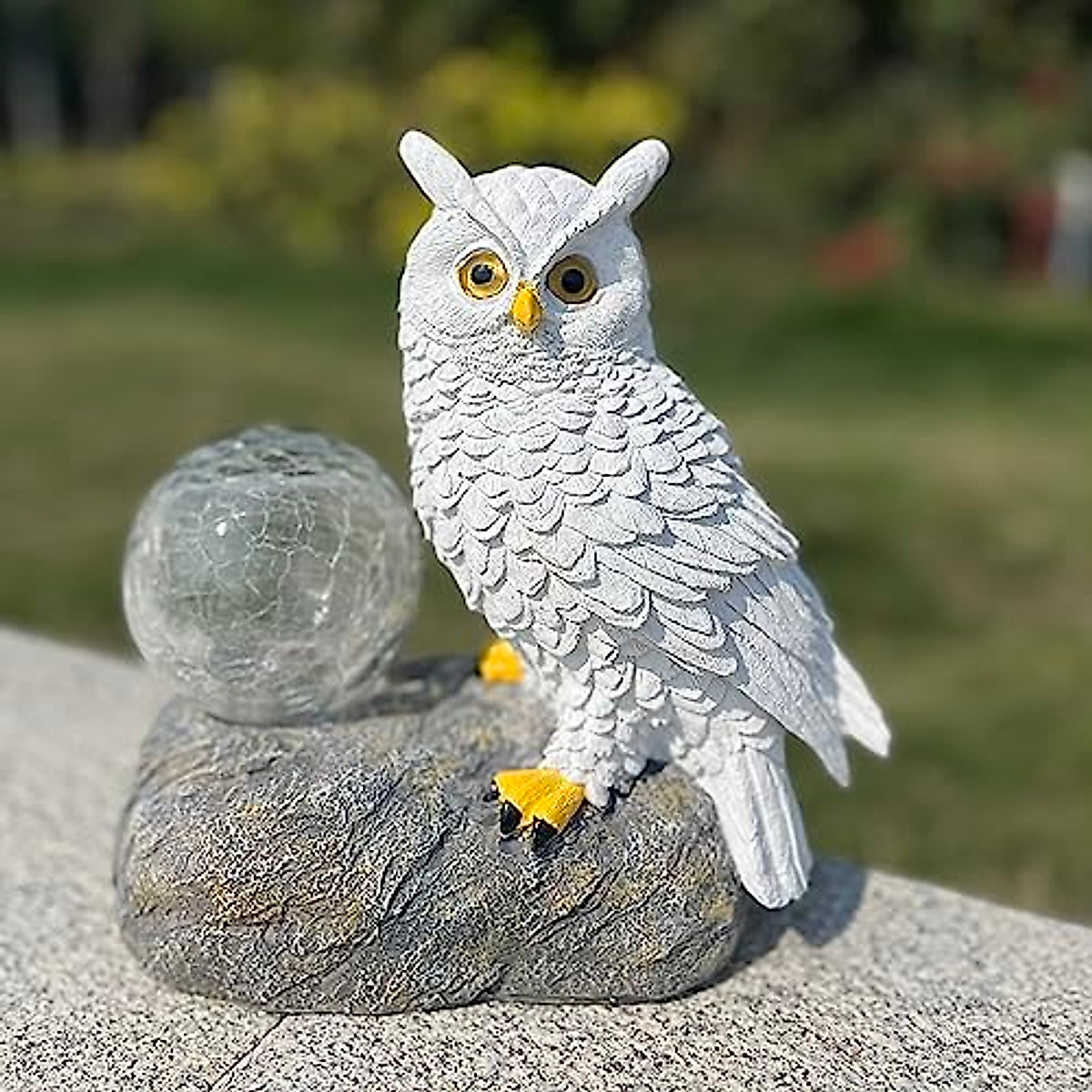 ARTCOS Garden Solar Lights Outdoor Decorative Pure White Owl Statue with Crackle Glass Globe LED Lights for Backyard, Lawn, Patio Decoration (Big)