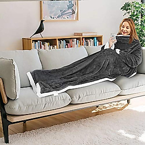 Sherpa Wearable Blanket with Sleeves for Adult Women and Men, Plush Fleece Robe TV Blanket with Pockets for Lounge Chair Couch (Gray)