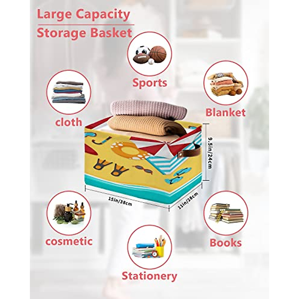 Storage Bins,Ocean Summer Beach Ball Surfboard Swim Ring Storage Basket with Handles,Waterproof Collapsible Storage Bin,Cartoon Marine Diving Flip-Flops Storage Organizer Shelves Closet Living Room