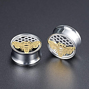 COOEAR Stainless Steel Honeybee Ear Gauges Double Flared Tunnels for Ears Piercing Unscrew Ear Stretchers.
