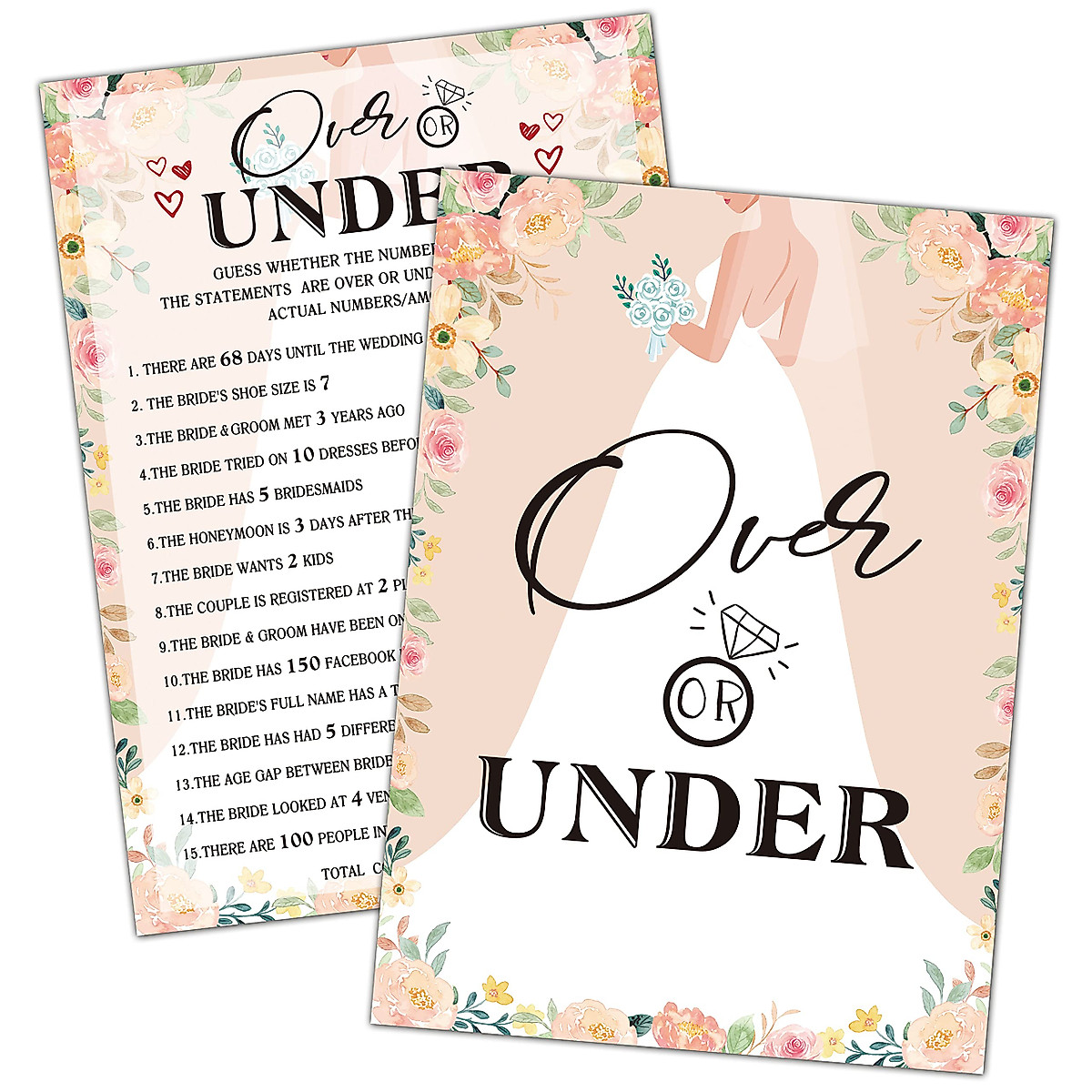 Foosproea Bridal Shower Games, Over Or Under Wedding Shower Game Card, Blush Pink Boho Floral Romantic Engagement/Bachelorette Party Ideas Activities Supplies Decorations(30 Cards) - A03
