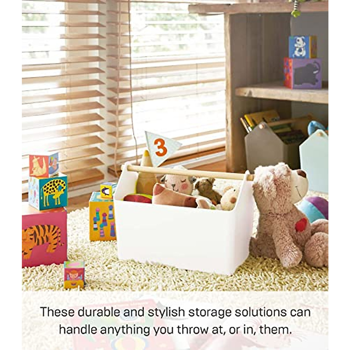 YAMAZAKI Home Storage Organizer/Cleaning Caddy/Storage Basket With Handle, Plastic + Wood, Handle, No Assembly Req.