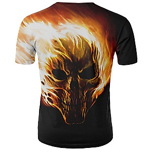 YOMXL Mens Boy Fire Skull Cool 3D Printed Short Sleeve T-Shirt Casual Crew Neck Tee Tops Classic Skull T Shirts Black