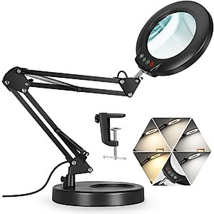 Veemagni 10X Magnifying Glass with Light, 5 Color Modes Stepless Dimmable 2-in-1 Desk Lamp and Clamp, LED Lighted Magnifier with Light and Stand, Hands Free for Craft Repair Hobby Painting Close Work