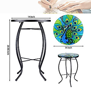 MUMTOP Outdoor Side Tables Patio Table 14’’ Round Mosaic Accent Table Peacock Glass Plant Stand Decor for Garden, Balcony Indoor Use…