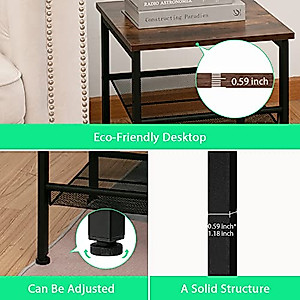 Coral Flower Set of 2 Side Tables, End Tables with Adjustable Mesh Shelves, for Living Room, Bedroom, Industrial, Stable Steel Frame, Easy Assembly, Rustic Brown