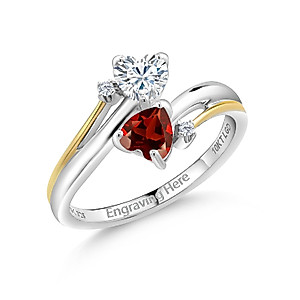 Gem Stone King 925 Silver and 10K Yellow Gold Personalized Engraved Birthstone and Lab Grown Diamond 2 Heart Promise Women Couple Ring (Size 7)