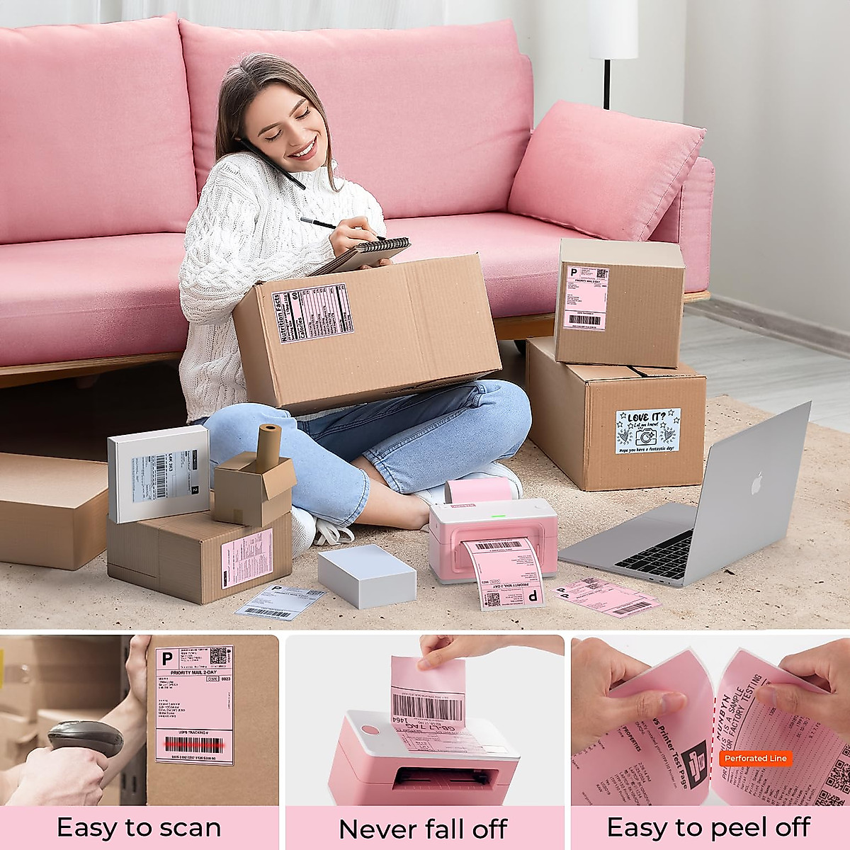 MUNBYN 4"x6" Pink Direct Thermal Shipping Labels, Commercial Grade Permanent Adhesive Fanfold Mailing Postage Label Paper for Thermal Printers and Packages, 500 Sheets per Stack