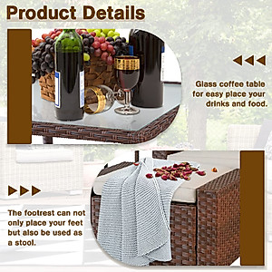 Brightpeak 5 Piece Patio Conversation Set, Outdoor Furniture Set, Brown Wicker Lounge Chair with Ottoman Footrest, W/Coffee Table & Beige Cushions for Garden, Patio, Balcony, Deck