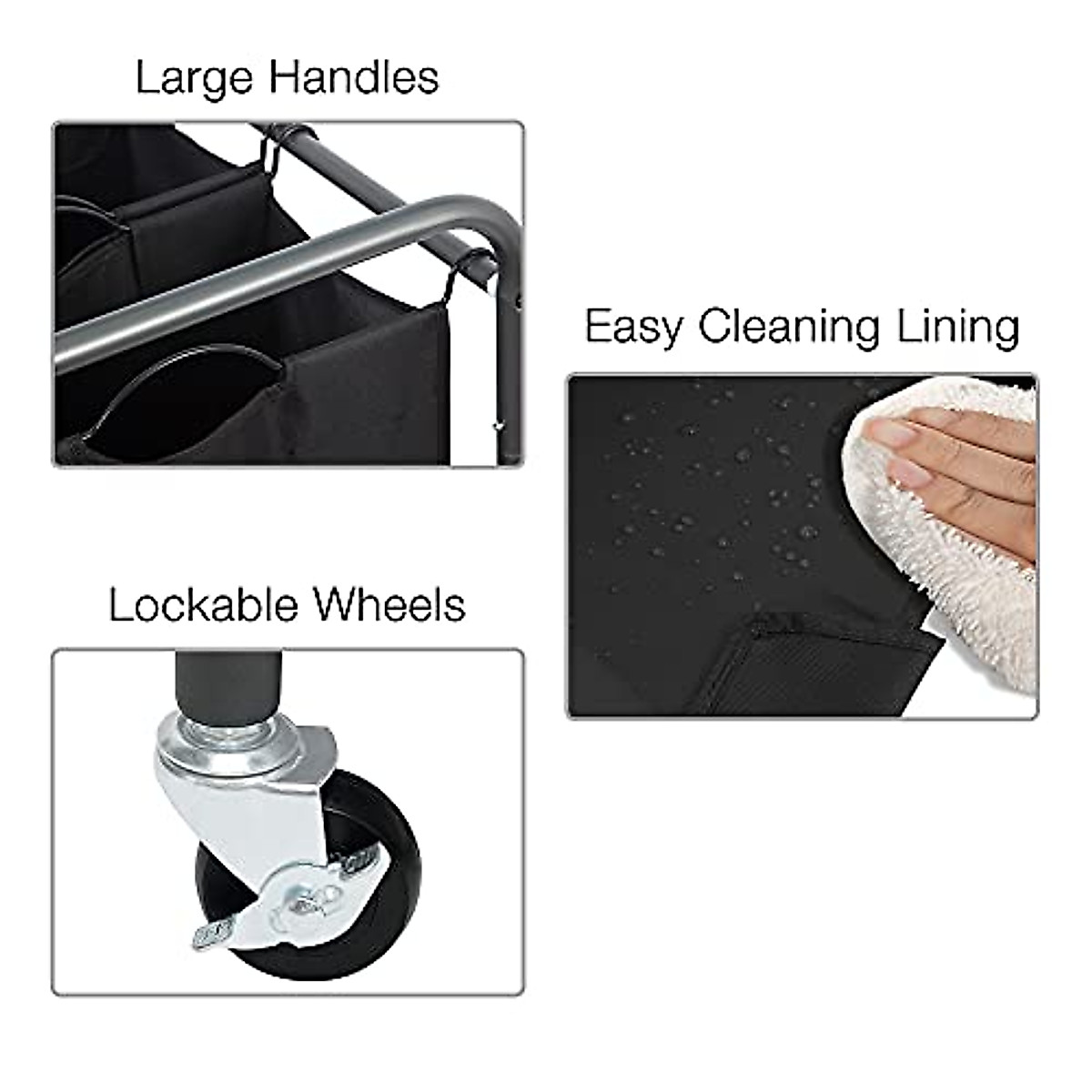 STORAGE MANIAC Laundry Sorter, Laundry Divider with Side Pockets, Multi Laundry Separator Hamper with Removable Bags and Rolling Lockable Wheels, Laundry Organizer Hamper, 4 Section Black