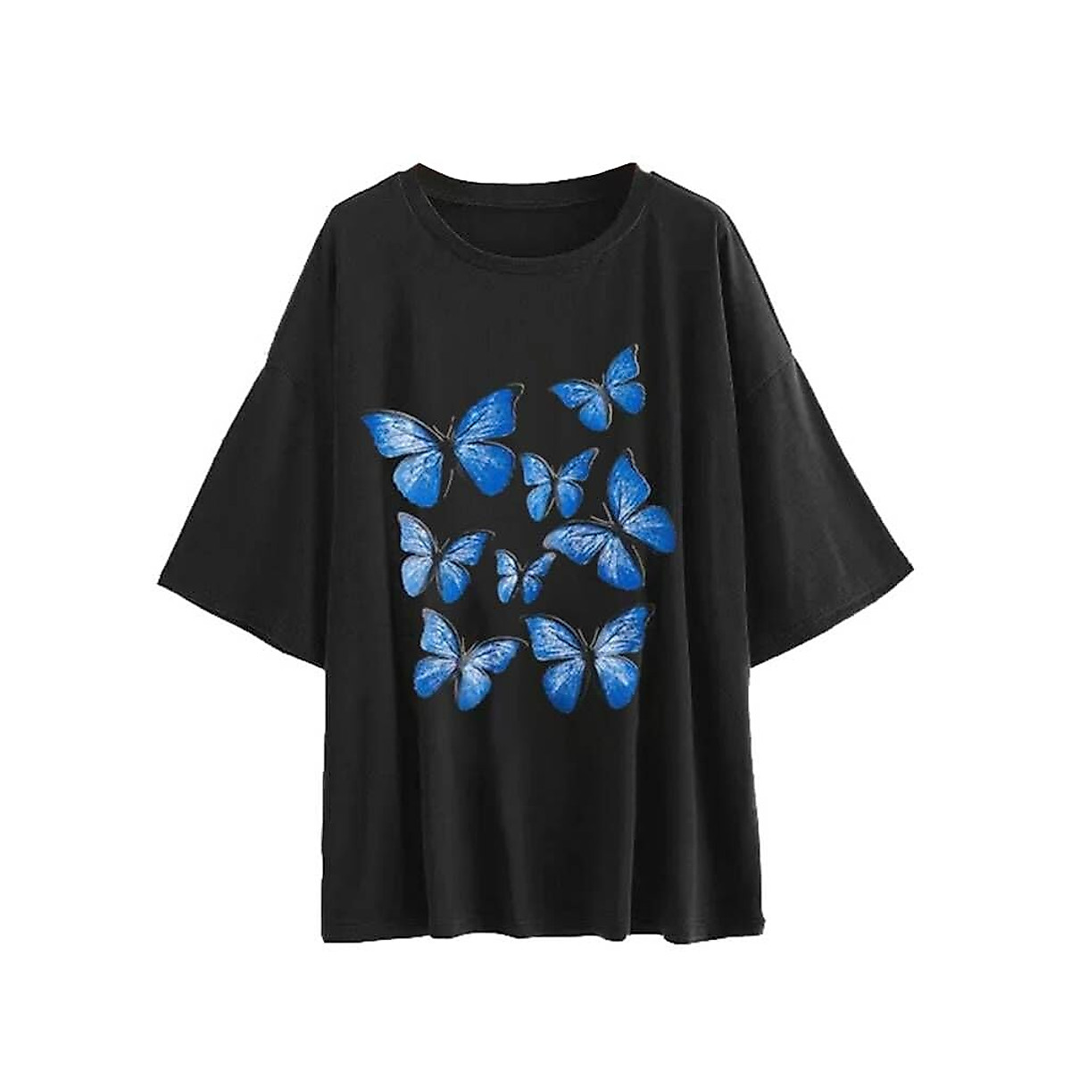 Fenxxxl Womens Drop Shoulder Cute Oversized Shirt Butterfly Print Loose Junior Tops Casual Boyfriend Graphic Tee F491-395-Black M