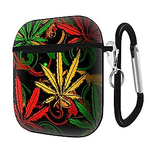 Slim Form Fitted Printing Pattern Cover Case with Carabiner Compatible with Airpods 1 and AirPods 2 / Psychedelic Abstract Marijuana Leaf Pattern