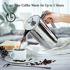 BAYKA French Press Coffee Tea Maker 34oz, 304 Stainless Steel Insulated Coffee Press with 4 Filter Screens, Milk Frother, Rust-Free, Dishwasher Safe, Silver