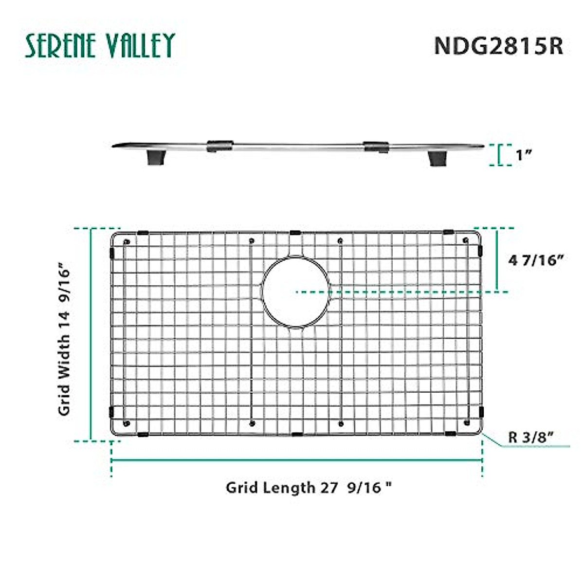 Serene Valley Sink Bottom Grid 27-9/16" x 14-9/16", Rear Drain with Corner Radius 3/16", Kitchen Sink Protector NDG2815R