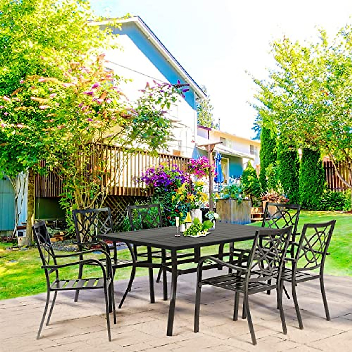 Oakcloud 7-Piece Patio Dining Set, Outdoor Metal Furniture Dining Table Set 6 Stackable Patio Dining Chairs and Rectangle Dining Table with Umbrella Hole, Black