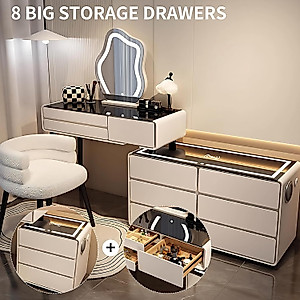 Pesnllov Vanity Desk - Makeup Vanity Table with Wireless Charging & Bluetooth Speaker, Solid Wood Bedroom Vanity, for Her (9 Drawers)