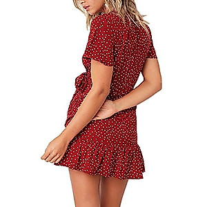 Women's Summer Short Sleeve Wrap Dress Polka Dot Floral Print V Neck Waisted Layer Ruffle Hem Mini Dresses (Red, Medium)