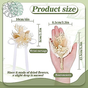 Wrist Corsage and Boutonniere Set, Boho Pampas Bouquet for Wedding Men Women Groom Bride Prom Anniversary Flowers Decoration (2 Pcs)
