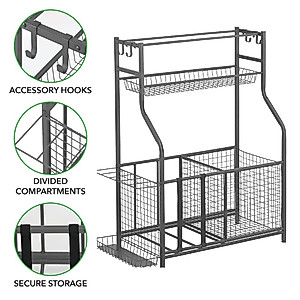 mDesign Metal Heavy Duty Garage Storage System Rack with Top Shelf, Multi-Purpose Sporting Goods Storage with Multiple Compartments, Baskets and Hooks - Holds Equipment, Balls, Bats - Graphite Gray