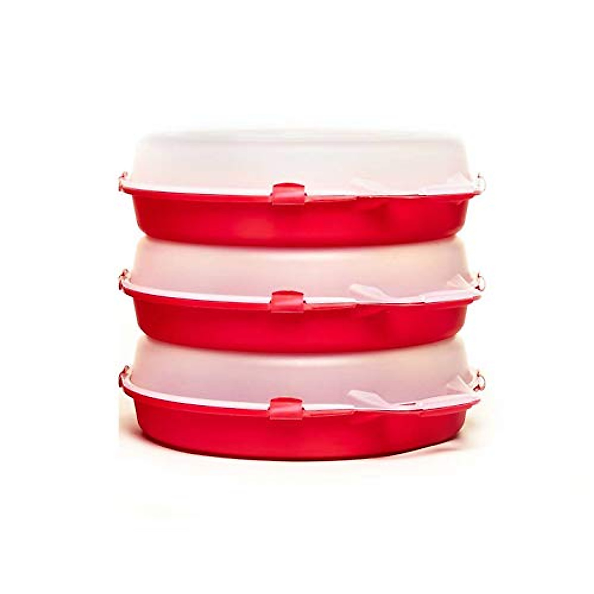 HOMZ Set of 3 Holiday Wreath Plastic Storage Containers, Holds Up to 24” Diameter, Secure Latching Lid and Easy Grip Handle, Stackable and Nestable, Red/Clear