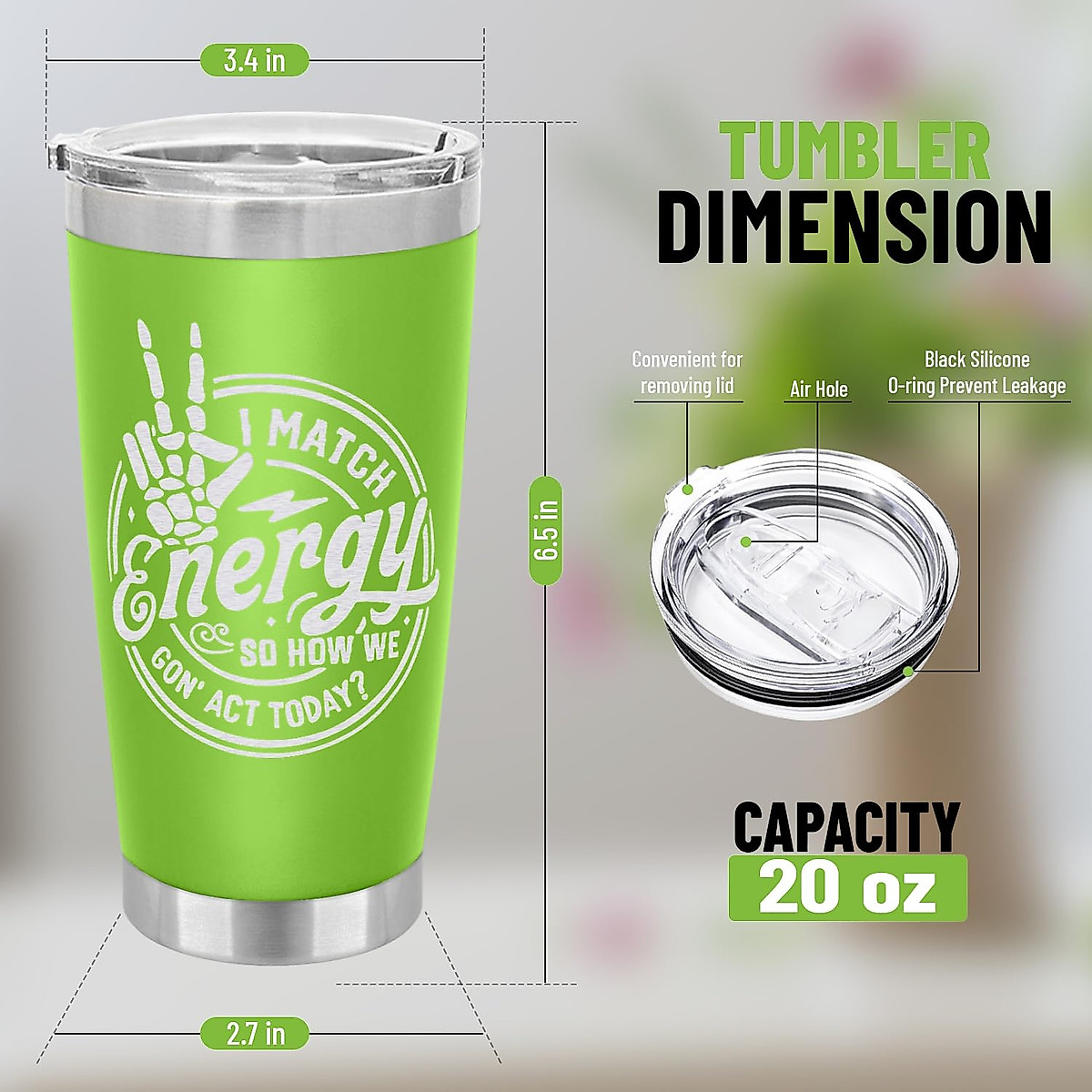 Funny gifts for women-match energy tumbler-Birthday Gifts for Women Funny, Witty & Sarcastic Travel Coffee Mug W/Slider Lid-Cheer up somebody’s day gift-Engraved 20oz Tumbler/Flourascent Green, small