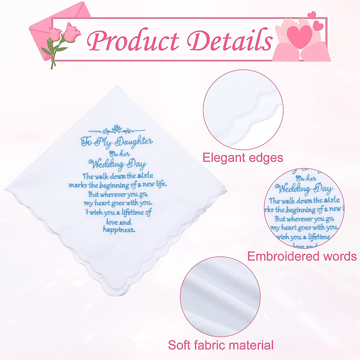 Tegeme Brides Handkerchief Wedding Handkerchief for Daughter Wedding Gift Keepsake Hankie and Angel Blue Bride Handkerchief (Elegant Style)