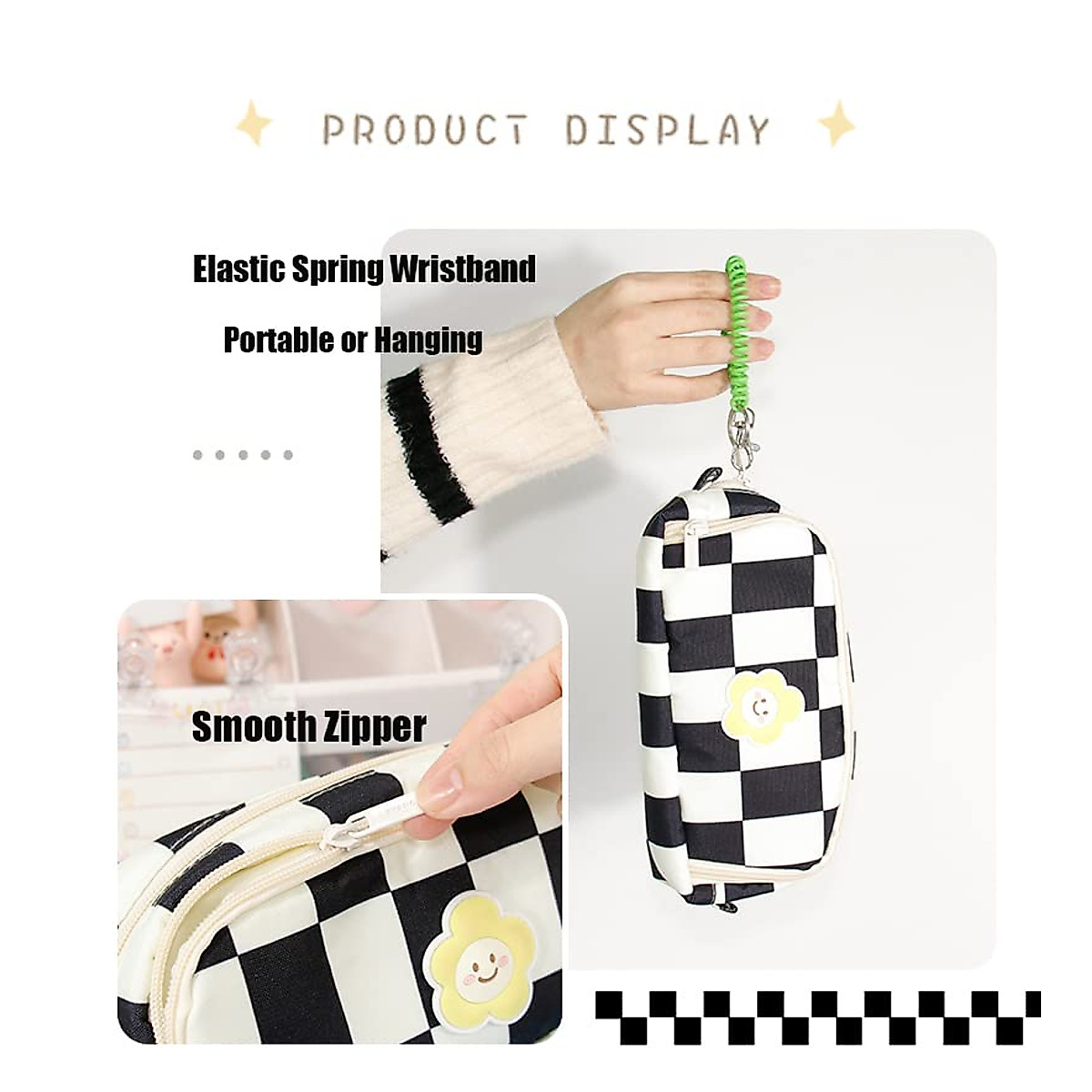 Moaneji Cute Large Capacity Pencil Pouch Aesthetic Checker Canvas Pencil Case Organizer Fashion Stationary Bag Big Pen Holder for Art Suppliers Small Makeup Bag(Brown)