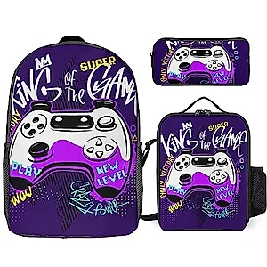 NAWFIVE Gamepad Graffiti King Backpack with Lunch Box And Pencil Case Set Game Gaming Art Travel Daypack Bookbag for Men Women Laptop Backpack 3pcs