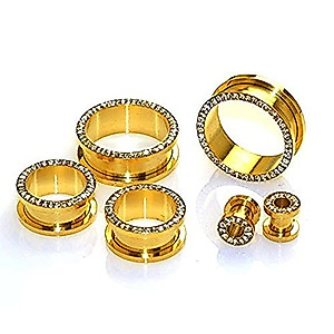 Screw-on 24k Gold PlatedPlugs/Gauges/Tunnels with Clear CZ 15/16'' (24MM) 2 Pieces (1 Pair) (A/5/3/A/10)