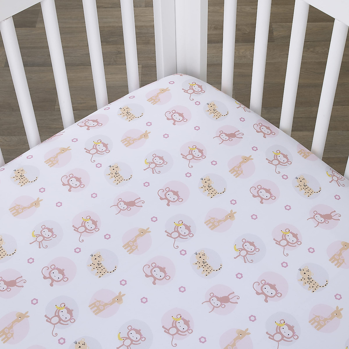 NoJo Little Love Sweet Jungle Friends Pink, White and Tan, Monkey, Cheetah and Giraffe Super Soft Fitted Crib Sheet